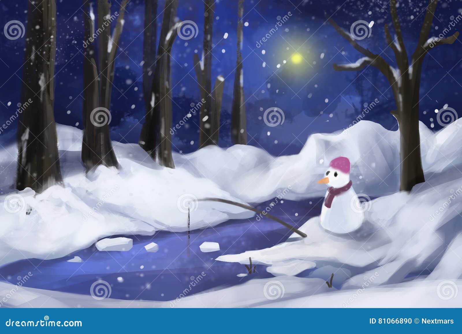 Floresta Da Neve Com Homem Da Neve Ilustração Stock - Ilustração de ...