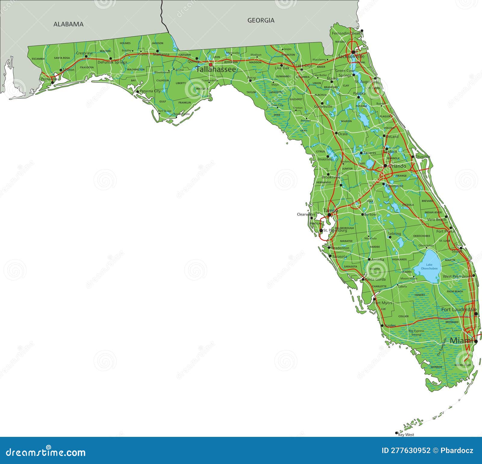 Detailed Florida Physical Map with Labeling. Stock Vector ...