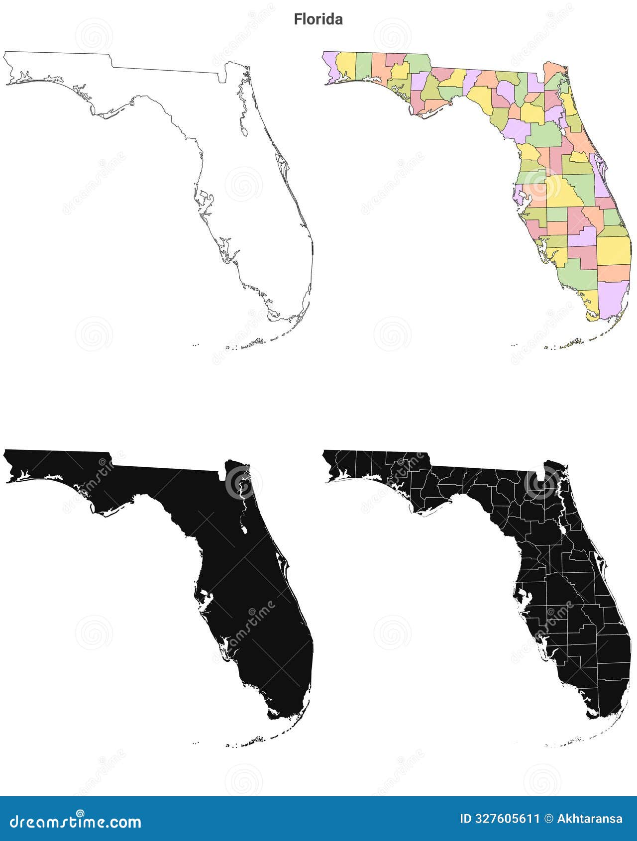 Florida Administrative Map. Florida With Color, Blank Map, Empty Map Of ...