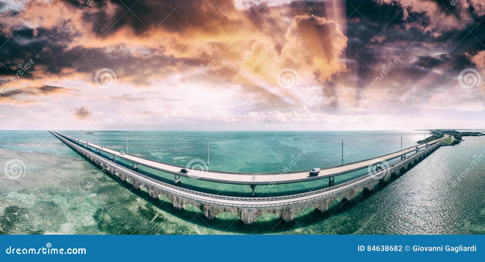 Florida Keys Bridge, Beautiful Sunset Aerial View Stock Photo - Image ...