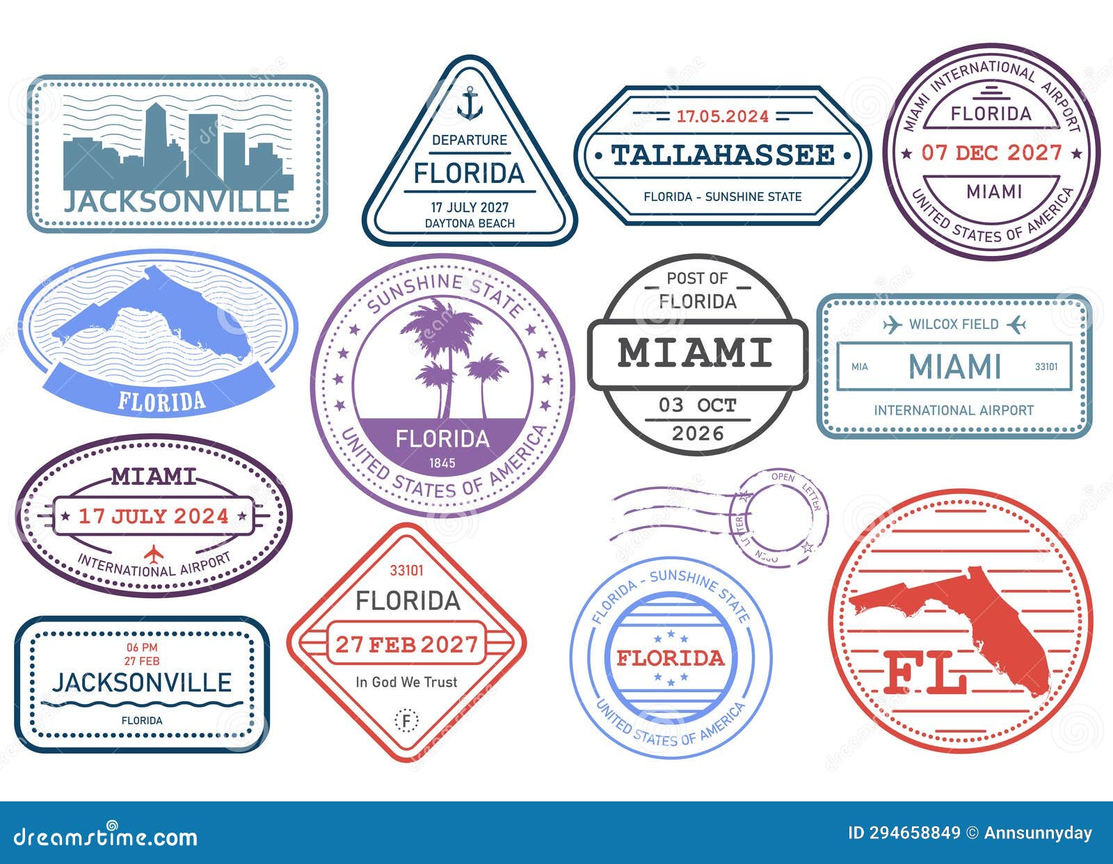 Florida Stamps Set, Postage Stamp With Symbols Of State And Map Outline ...
