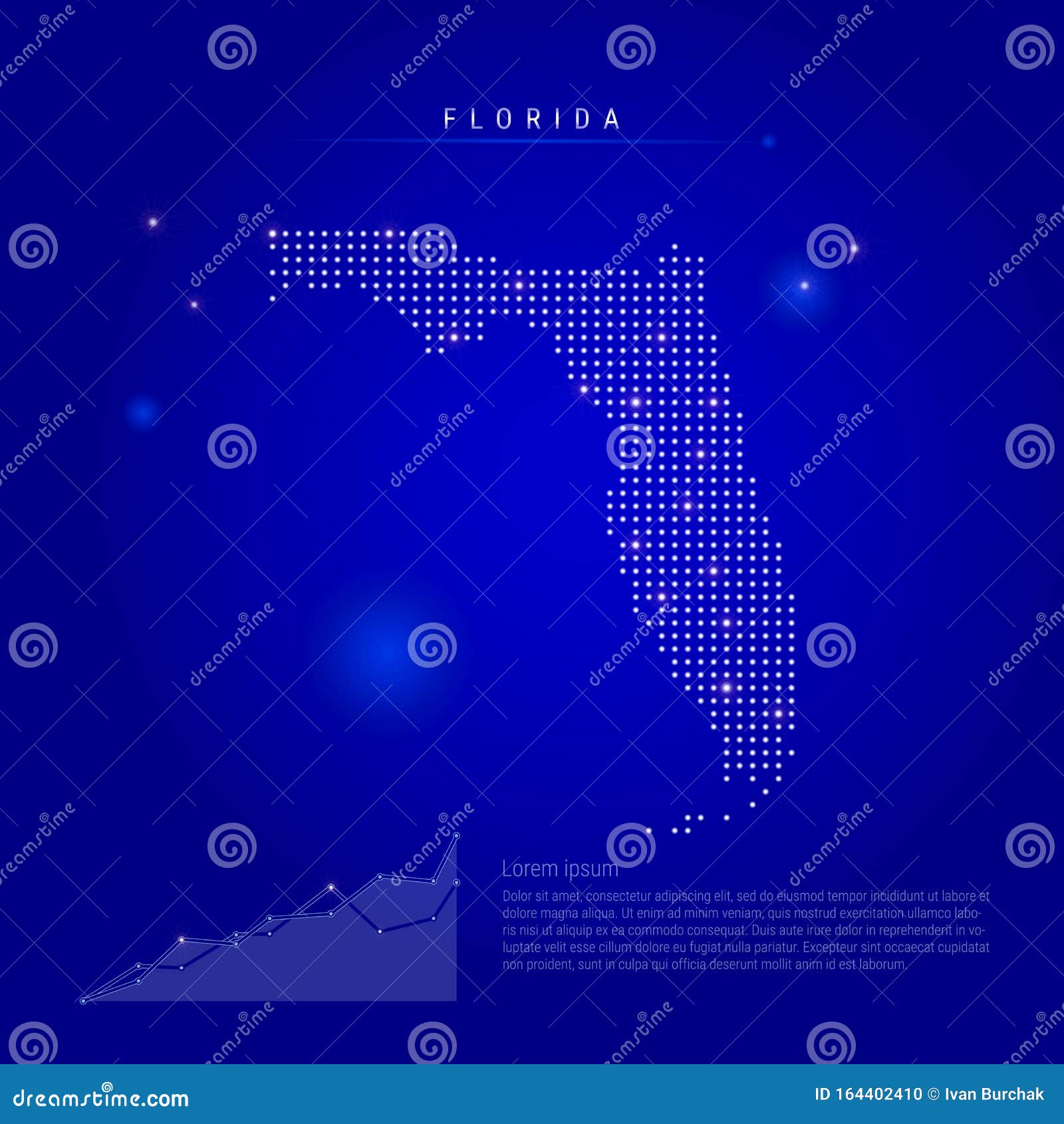 Florida US State Illuminated Map with Glowing Dots. Dark Blue Space ...