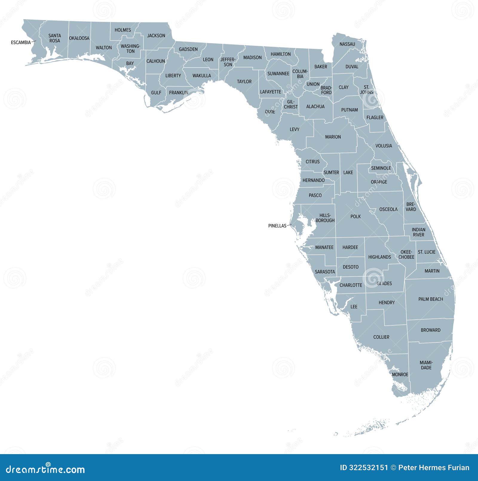 U.S. State Of Florida, Subdivided Into 67 Counties, Gray Political Map ...
