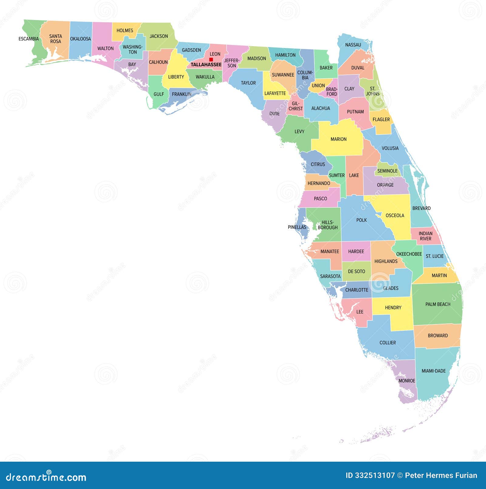Florida, U.S. State, Subdivided into 67 Counties, Multi Colored Map ...