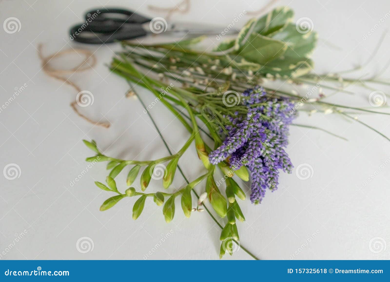 Florist Desktop with Work Tools and Flowers on White Background Stock ...