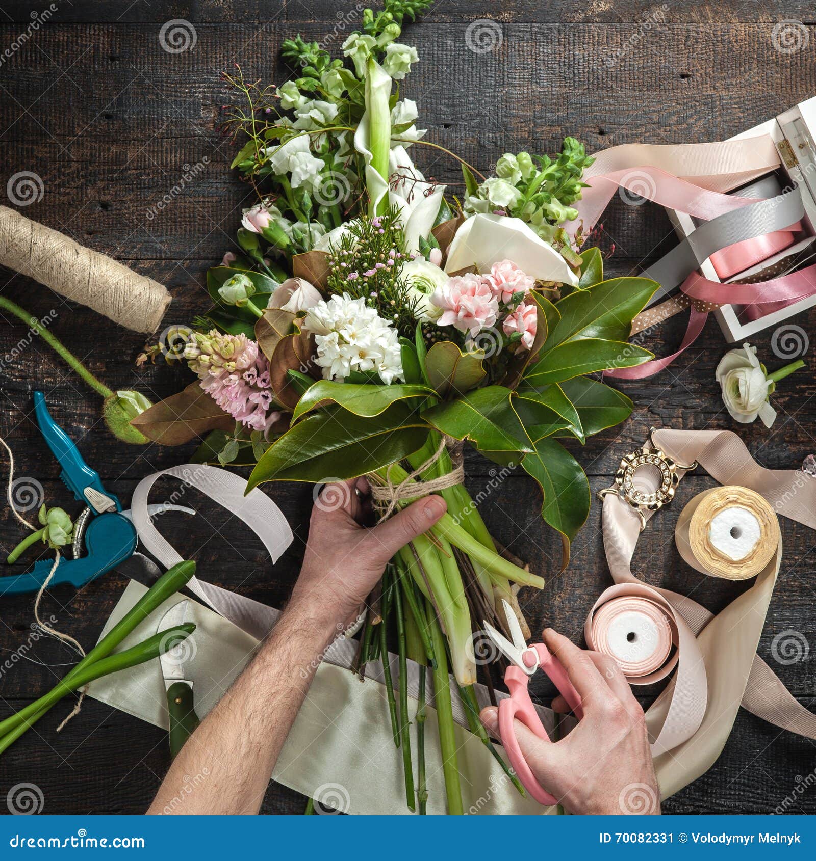 The Florist Desktop with Working Tools and Ribbons Stock Image - Image ...
