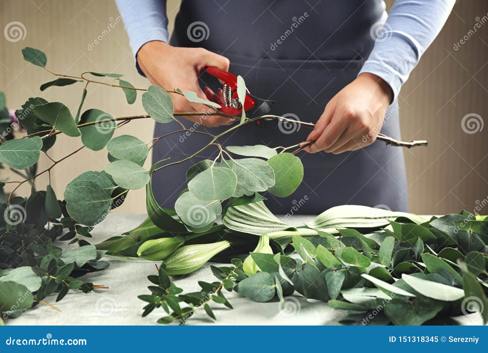 Florist Making Beautiful Bouquet at Table Stock Image - Image of green ...