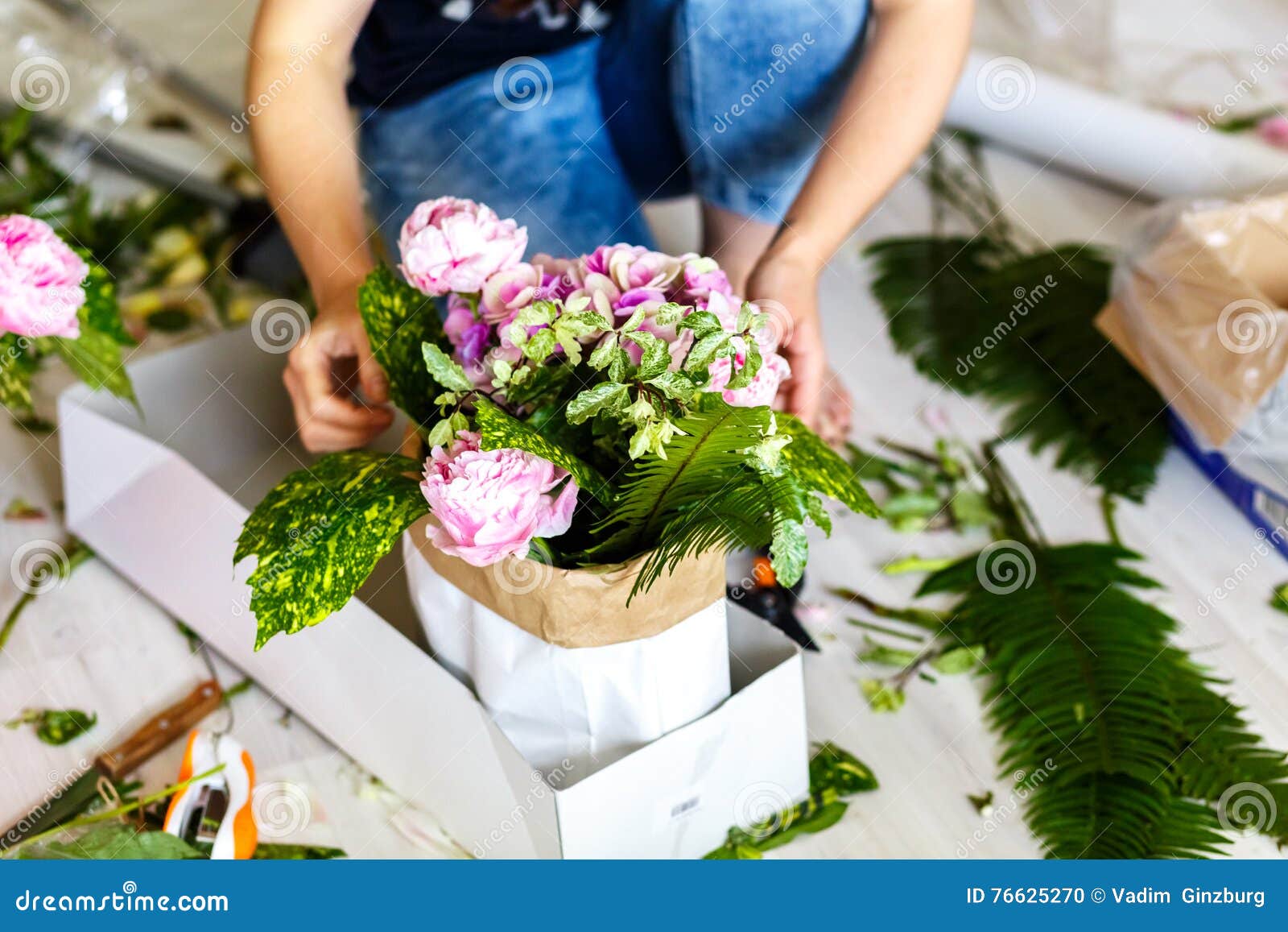 Florist Making a Bouguet of Peonies Stock Photo - Image of light, color ...