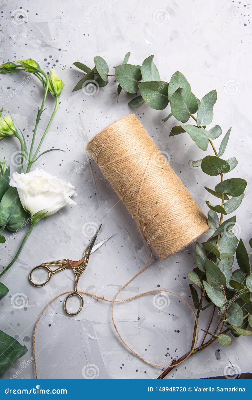 Florist Tools and Workplace with Ribbons, Flowers and Scissors Stock ...
