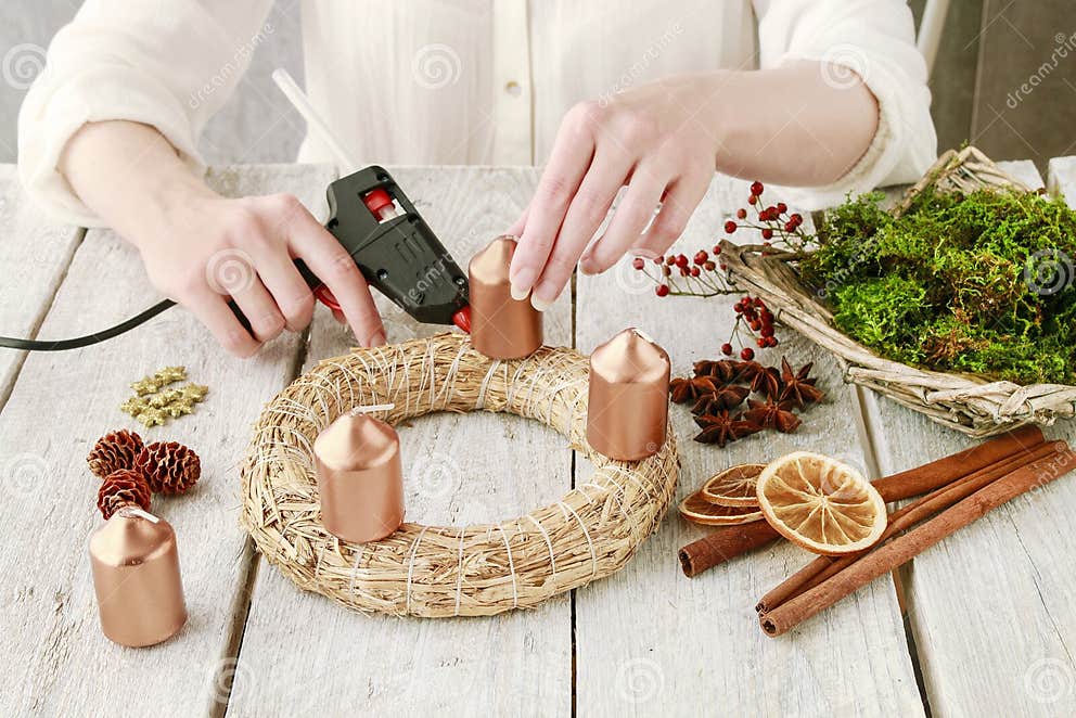 How To Make Advent Table Wreath, Step by Step Stock Photo - Image of ...
