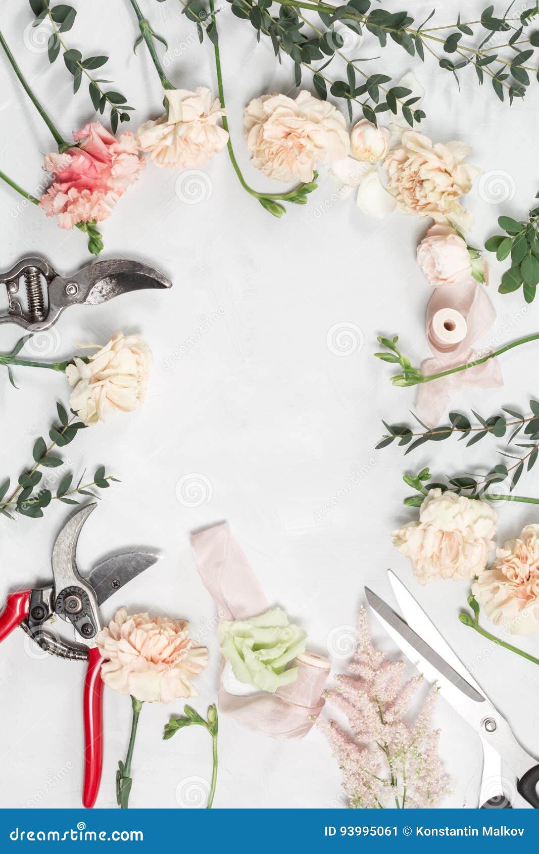The Florist Work Table with Tools on Gray Wooden Background. Copy Space ...