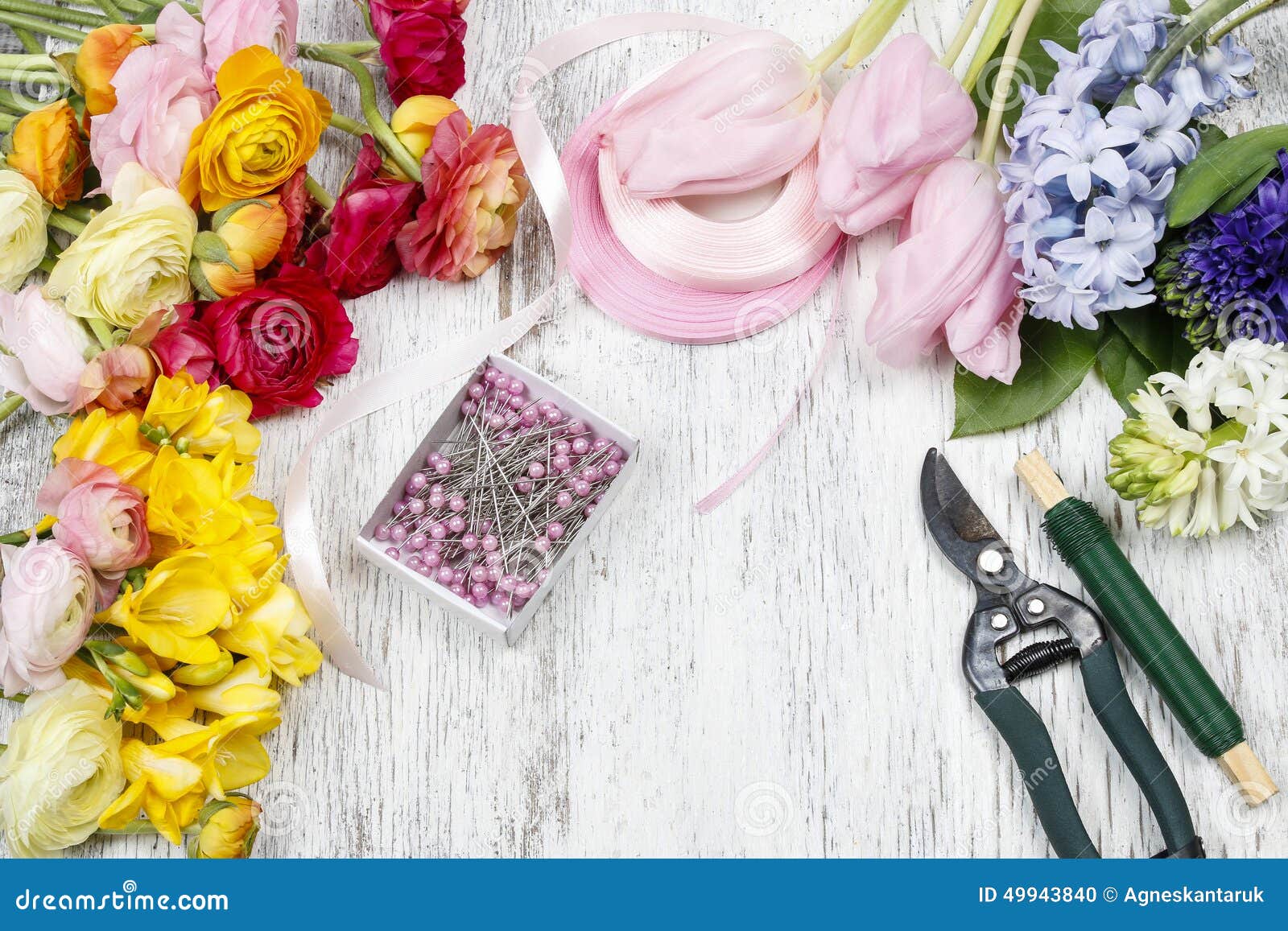 Florist Workplace: Flowers and Accessories Stock Photo - Image of copy ...
