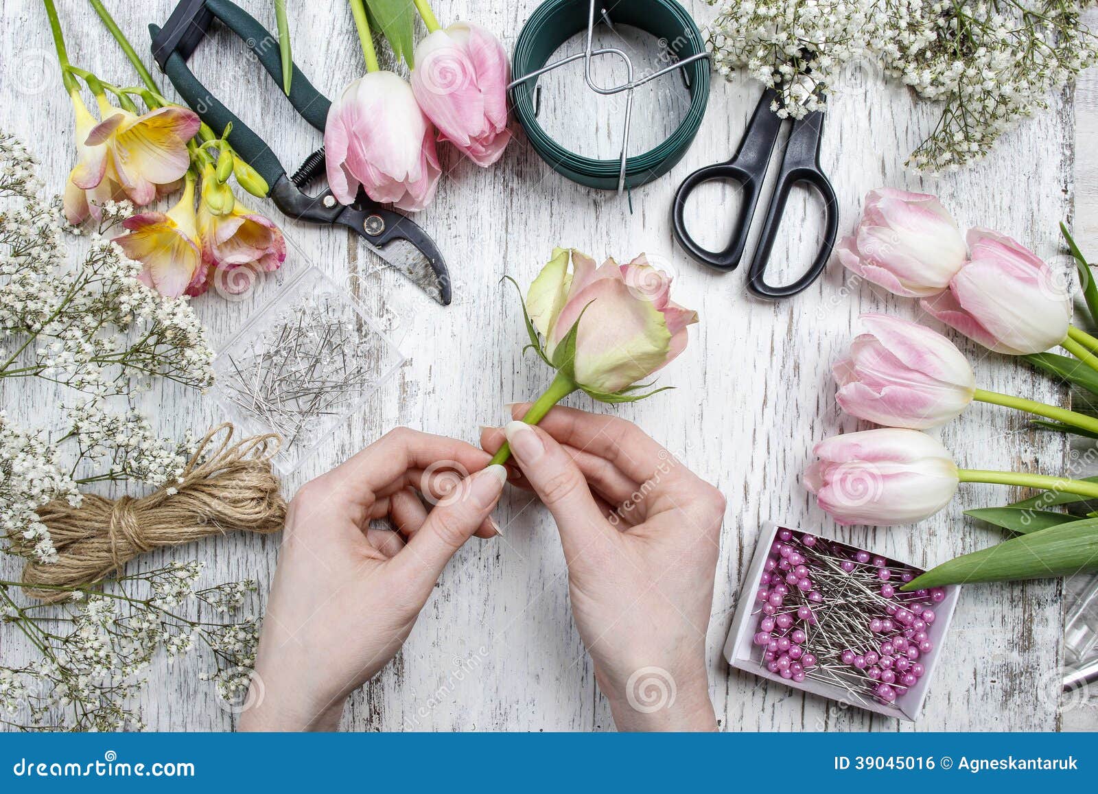 Florist Workplace: Flowers and Accessories Stock Photo - Image of ...