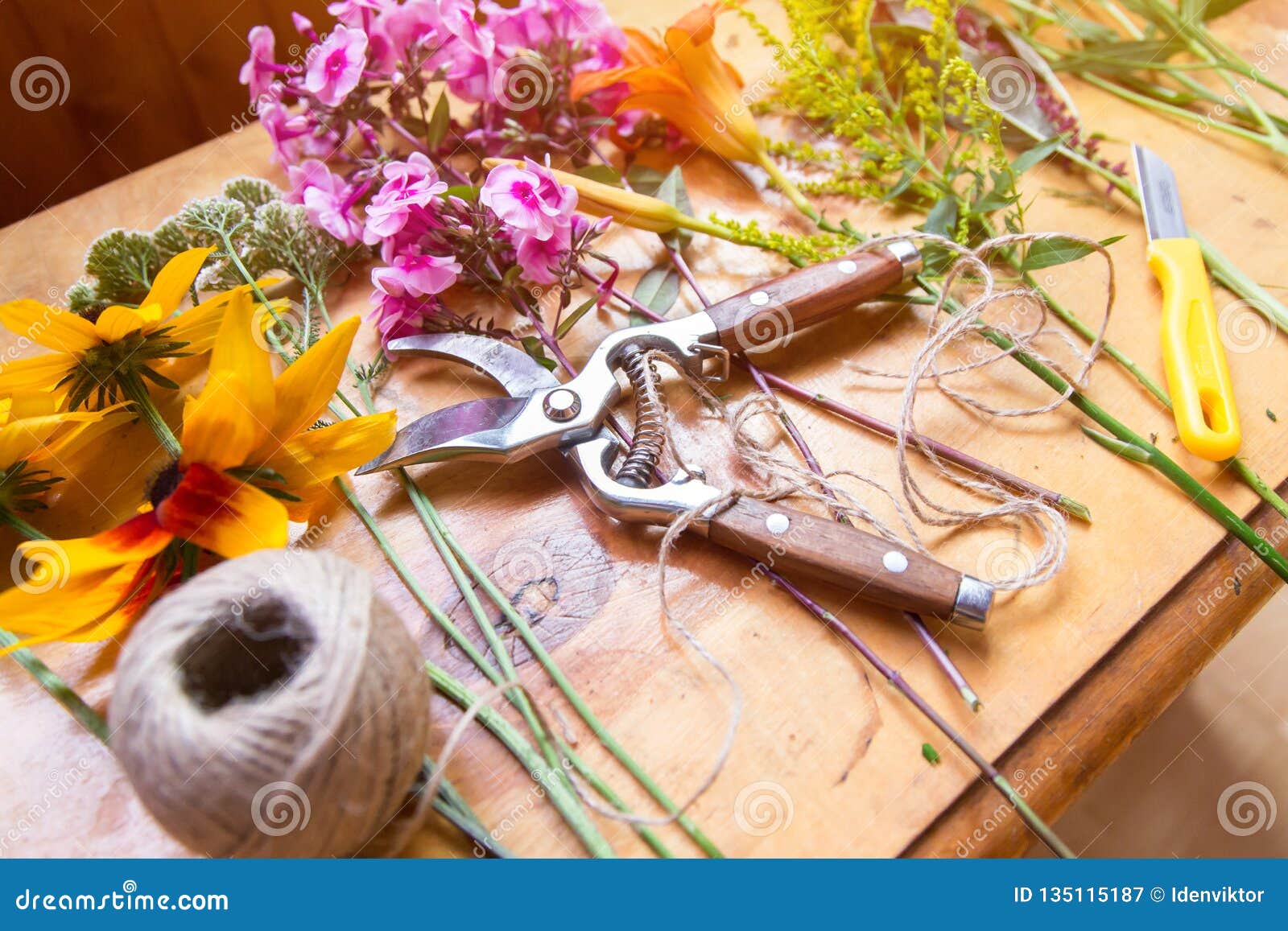 Florist Workplace. Flowers and Tools To Create a Bouquet Stock Image ...