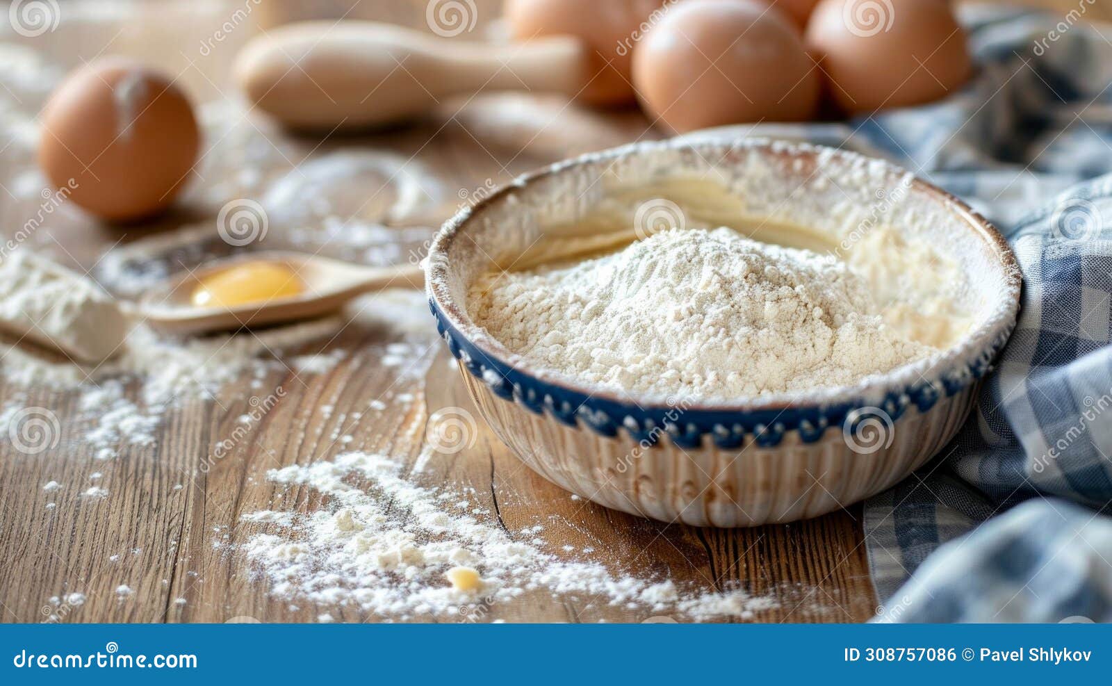 The Flour in Bowl, Egg, Milk and Whip for Beating. Stock Photo - Image ...