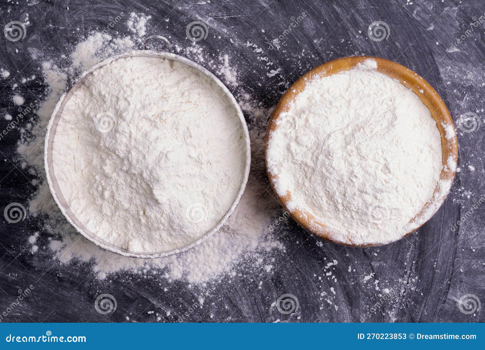 Flour in a Bowl and Wheat Flour on Table, Black Background in a Rustic ...