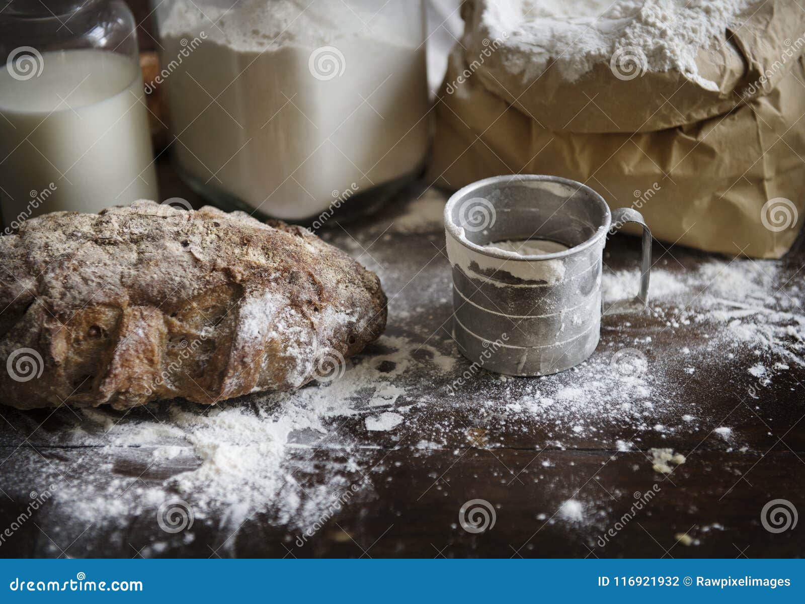 Flour and Bread on a Messy Kitchen Top Stock Photo - Image of baking ...