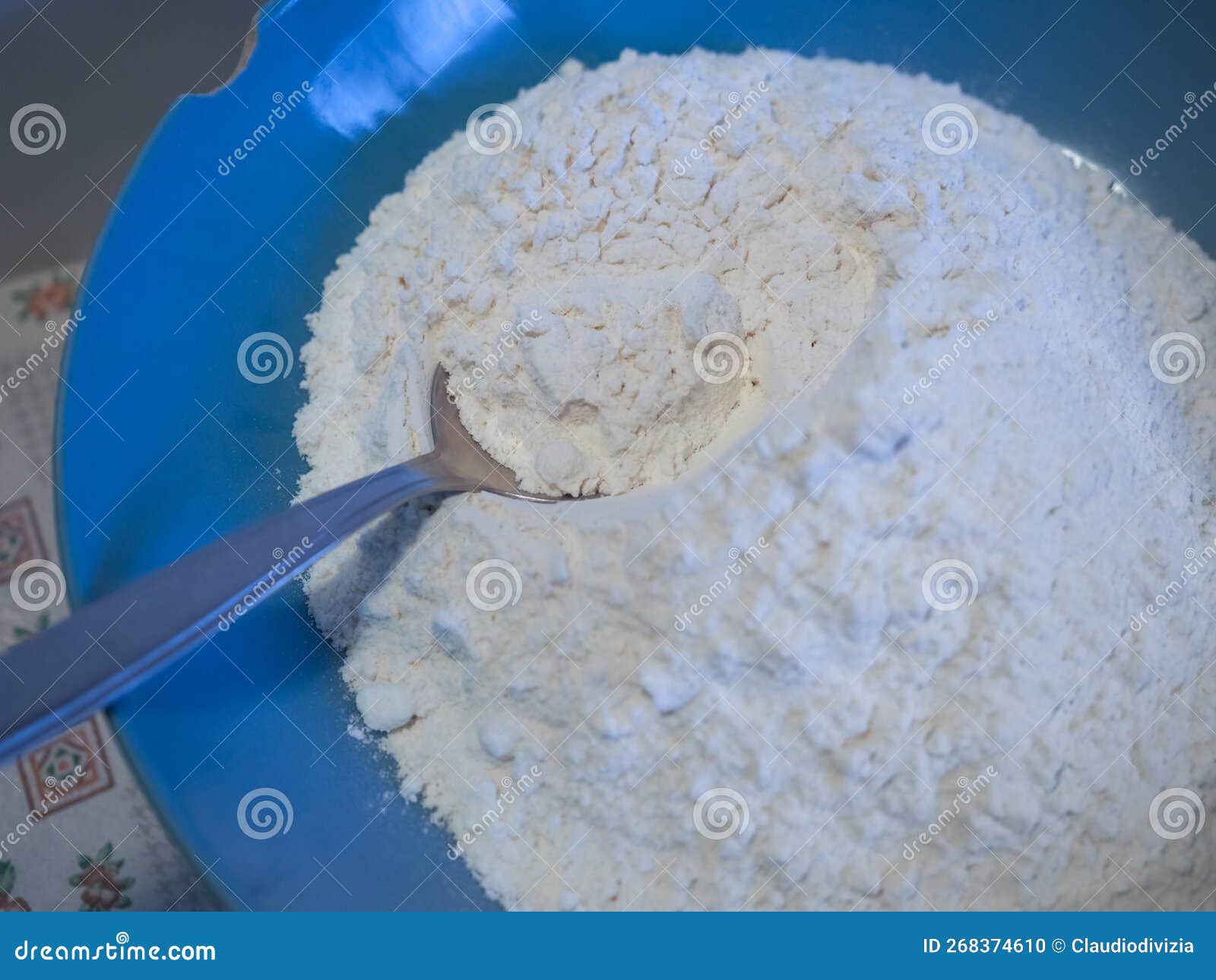 Flour dish and spoon stock photo. Image of table, vegan - 268374610