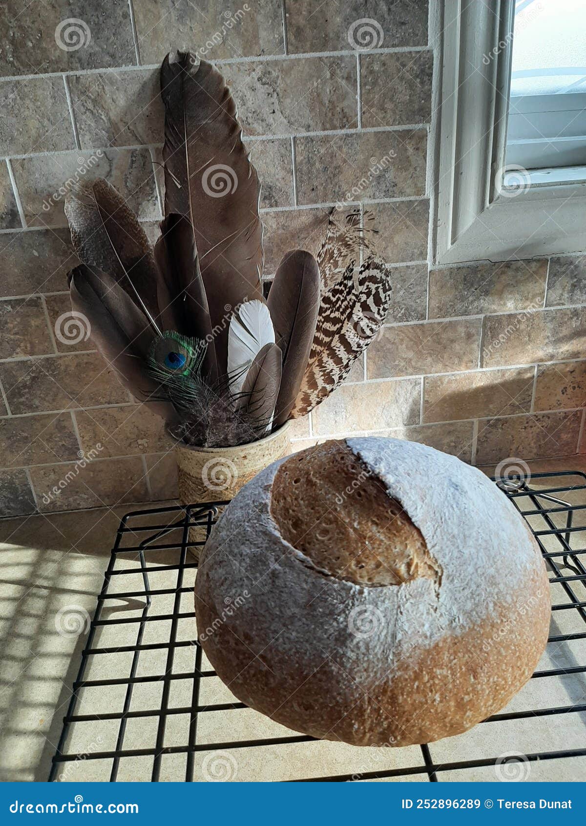 Flour Dusted Sourdough Bread with Feathers Stock Image - Image of ...