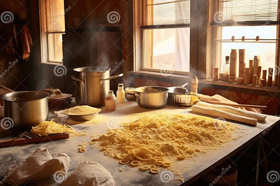 Flour-dusted Work Surface with Pasta in Progress Stock Photo - Image of ...