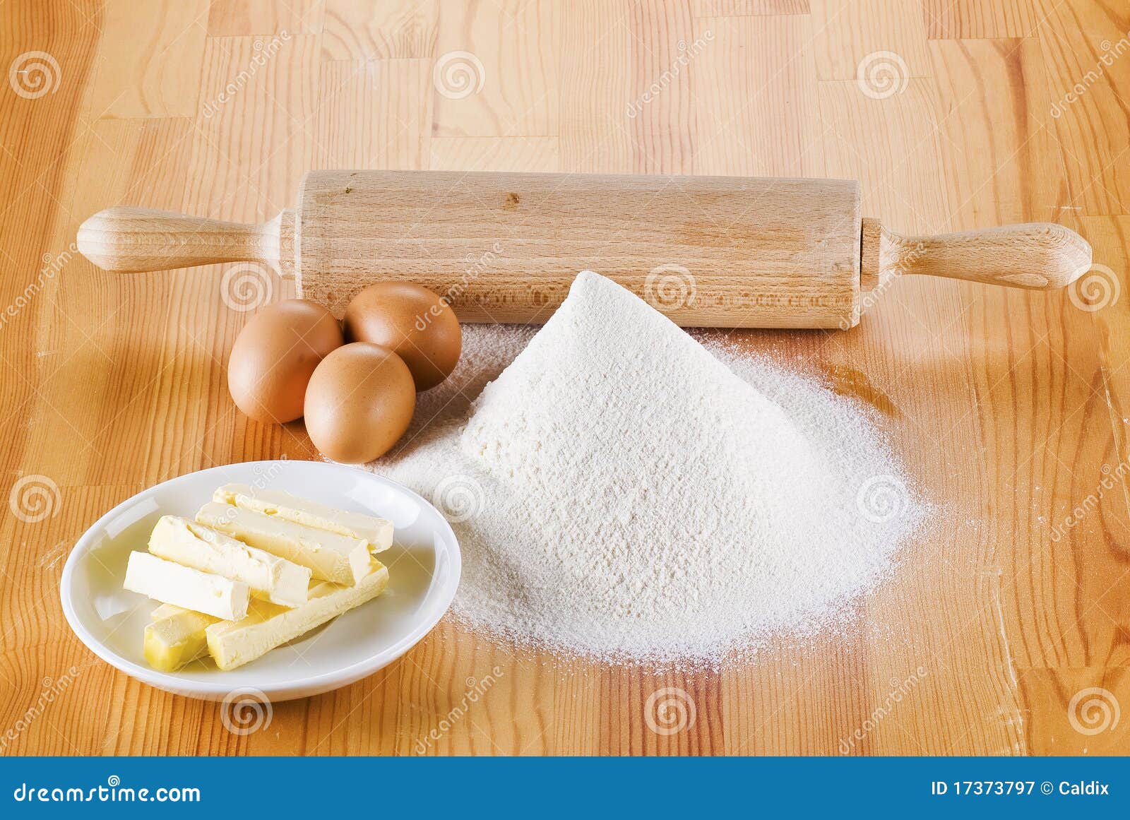 Flour with Eggs, Rolling Pin and Butter Stock Image - Image of bakery ...