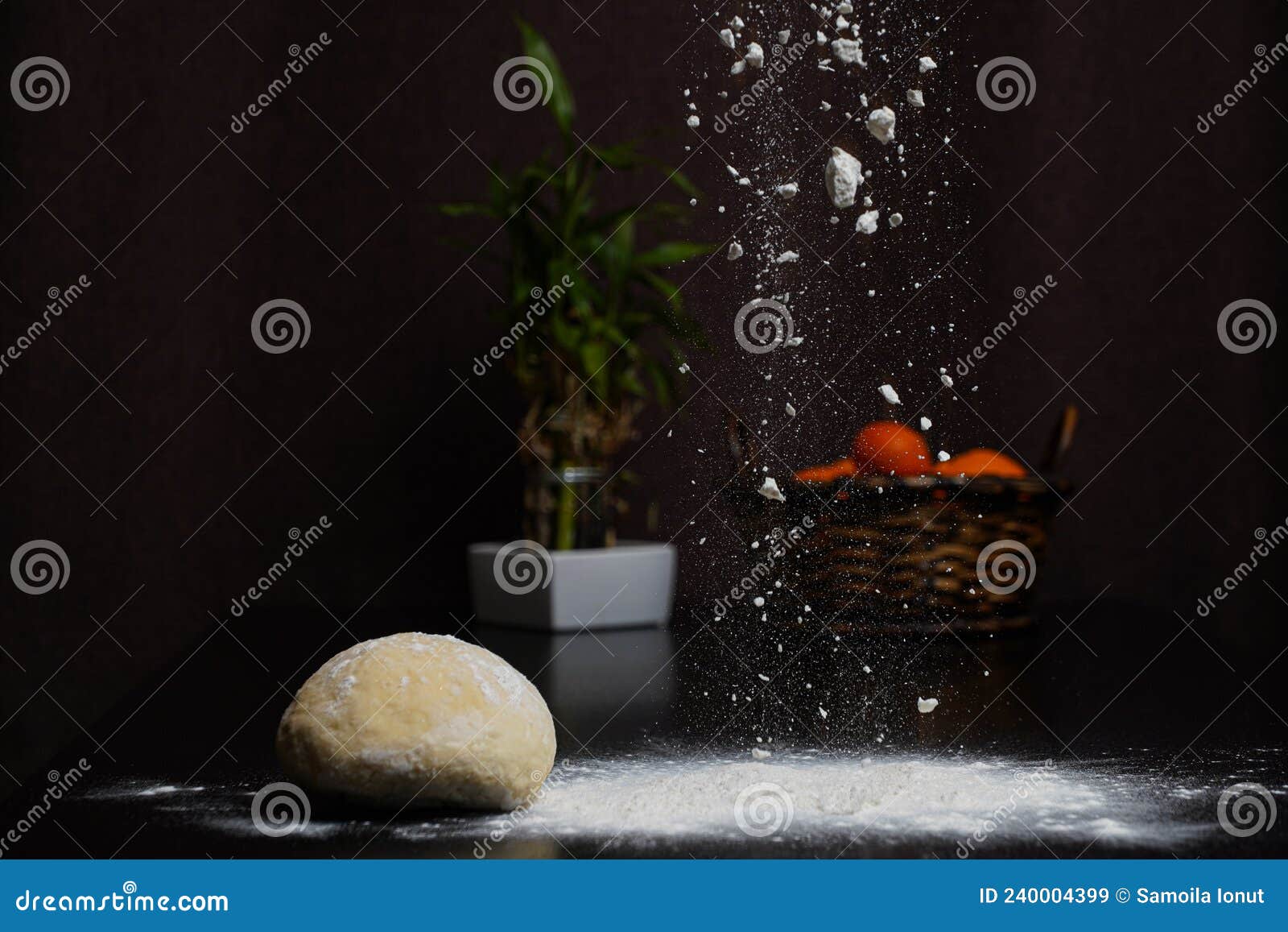 Flour Falling on a Dark Table. Preparing the Homemade Bread Making ...