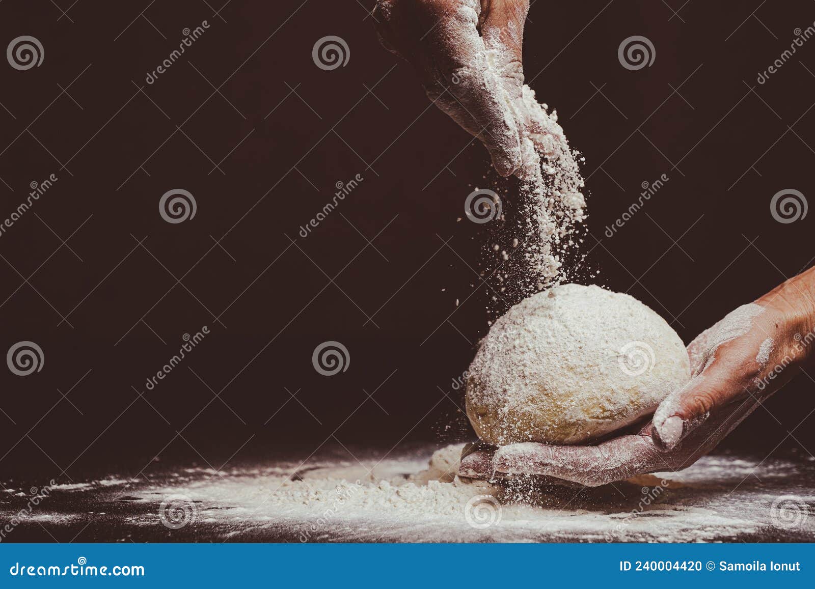 Flour Falling on a Dark Table. Preparing the Homemade Bread Making ...