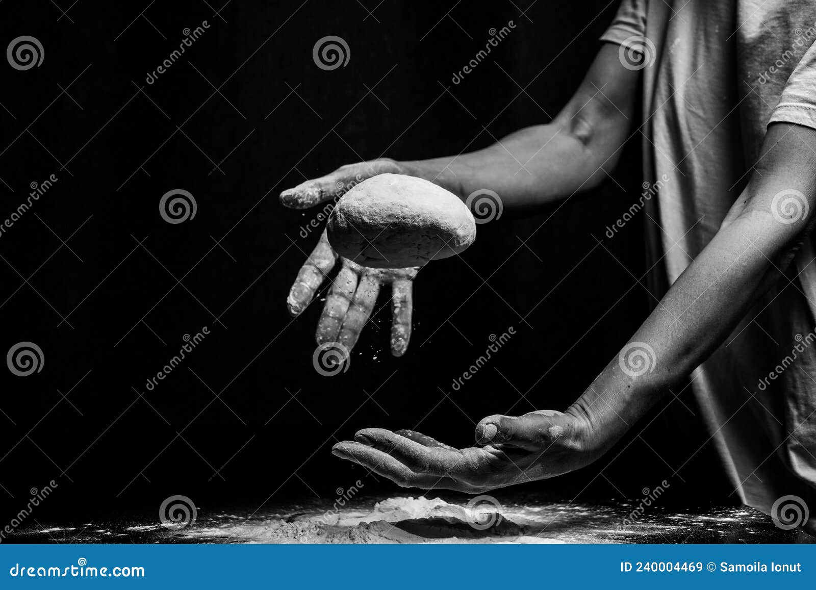 Flour Falling on a Dark Table. Preparing the Homemade Bread Making ...
