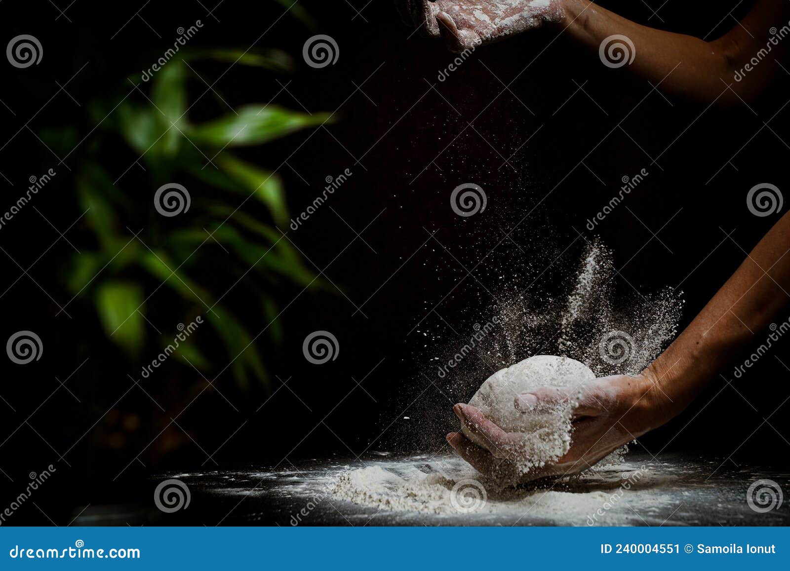 Flour Falling on a Dark Table. Preparing the Homemade Bread Making ...