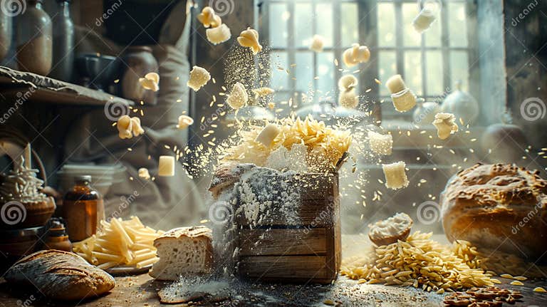 Flour and Pasta Explosion in a Rustic Kitchen during Daylight Stock ...