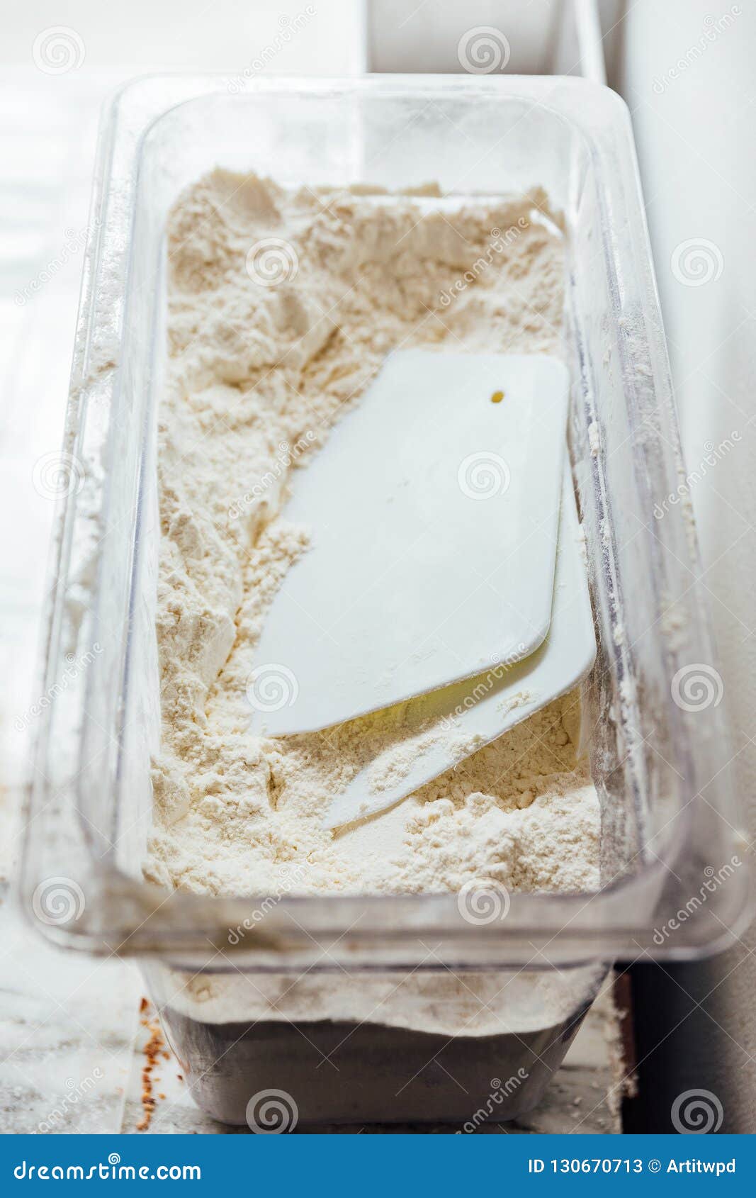 Flour in Plastic Box with Plastic Scrapper for Making Bread Stock Image ...