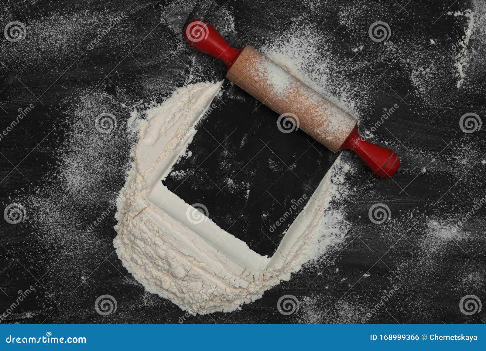Flour and Rolling Pin on Black Table. Space for Text Stock Photo ...