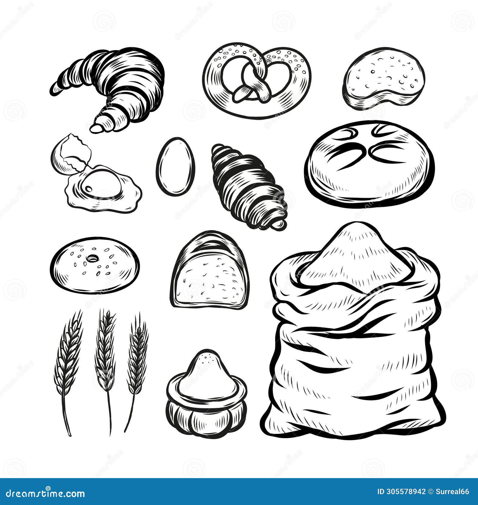 Flour Sack and Baked Goods Line Drawing Vector Collection Stock Vector ...