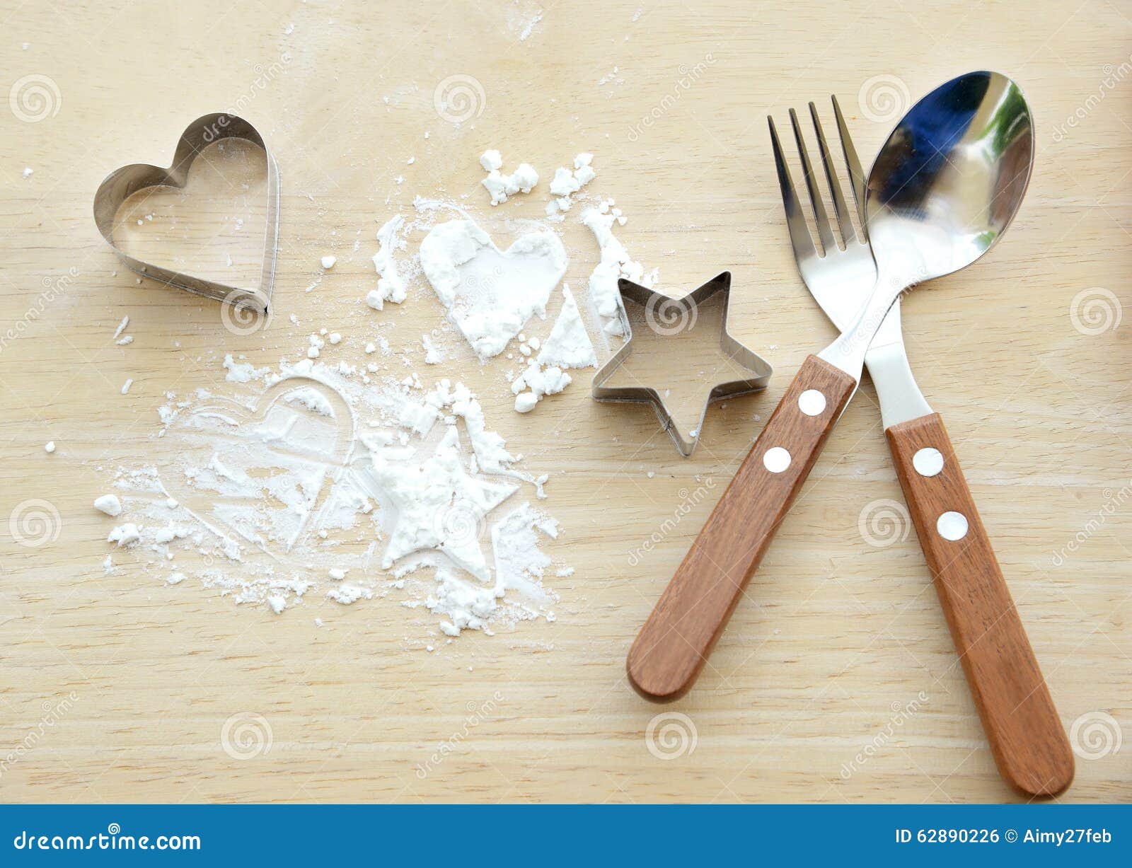 Flour with Star and Heart Shape, Fork Spoon Stock Photo - Image of ...