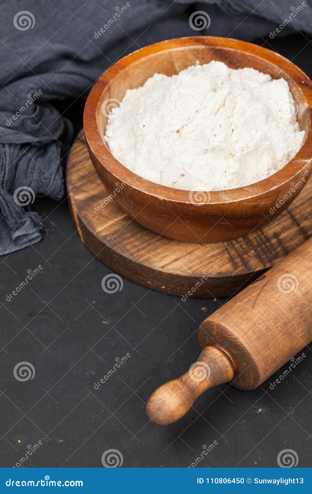 Flour in Wooden Bowl. Close Stock Photo - Image of ingredient, heap ...