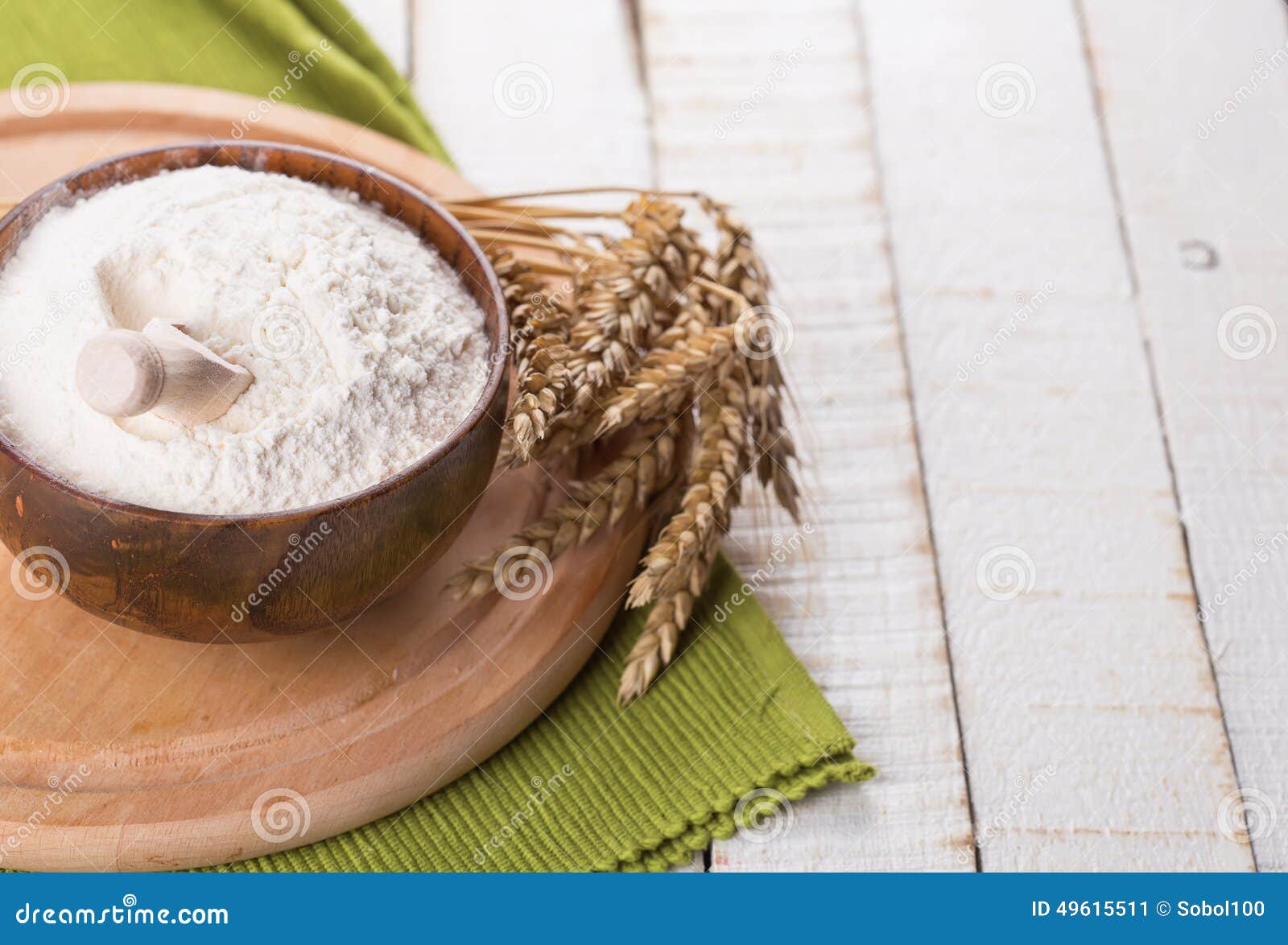 Flour in Wooden Bowl on Table Stock Image - Image of nutrition, wheat ...