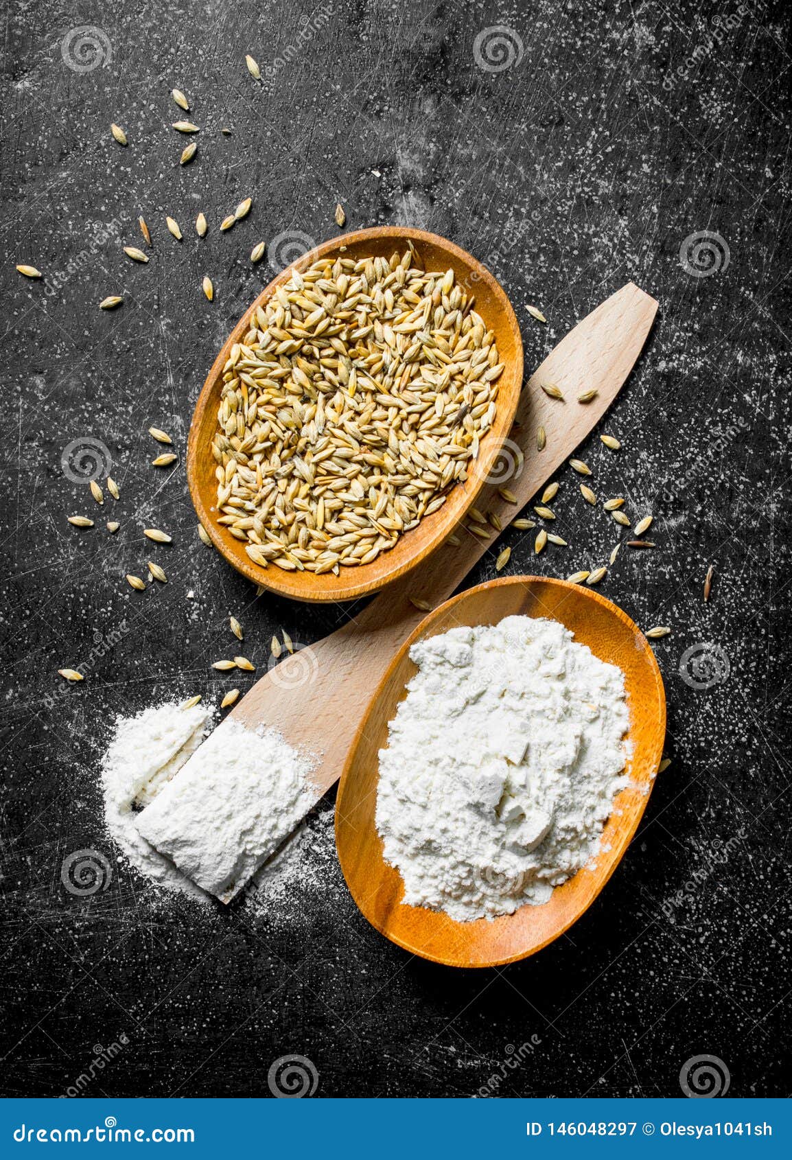 Flour on a Wooden Spatula and Bowl with Grain Stock Image - Image of ...