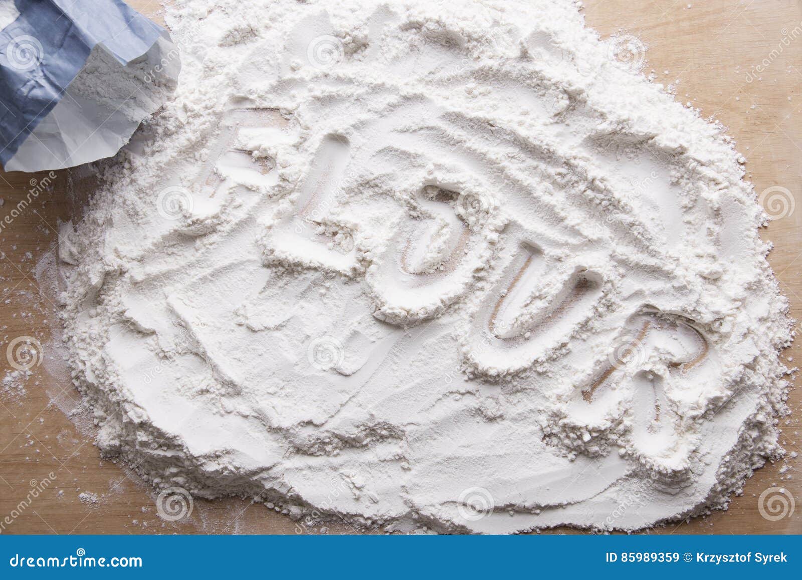 Flour written with flour stock image. Image of preparation - 85989359