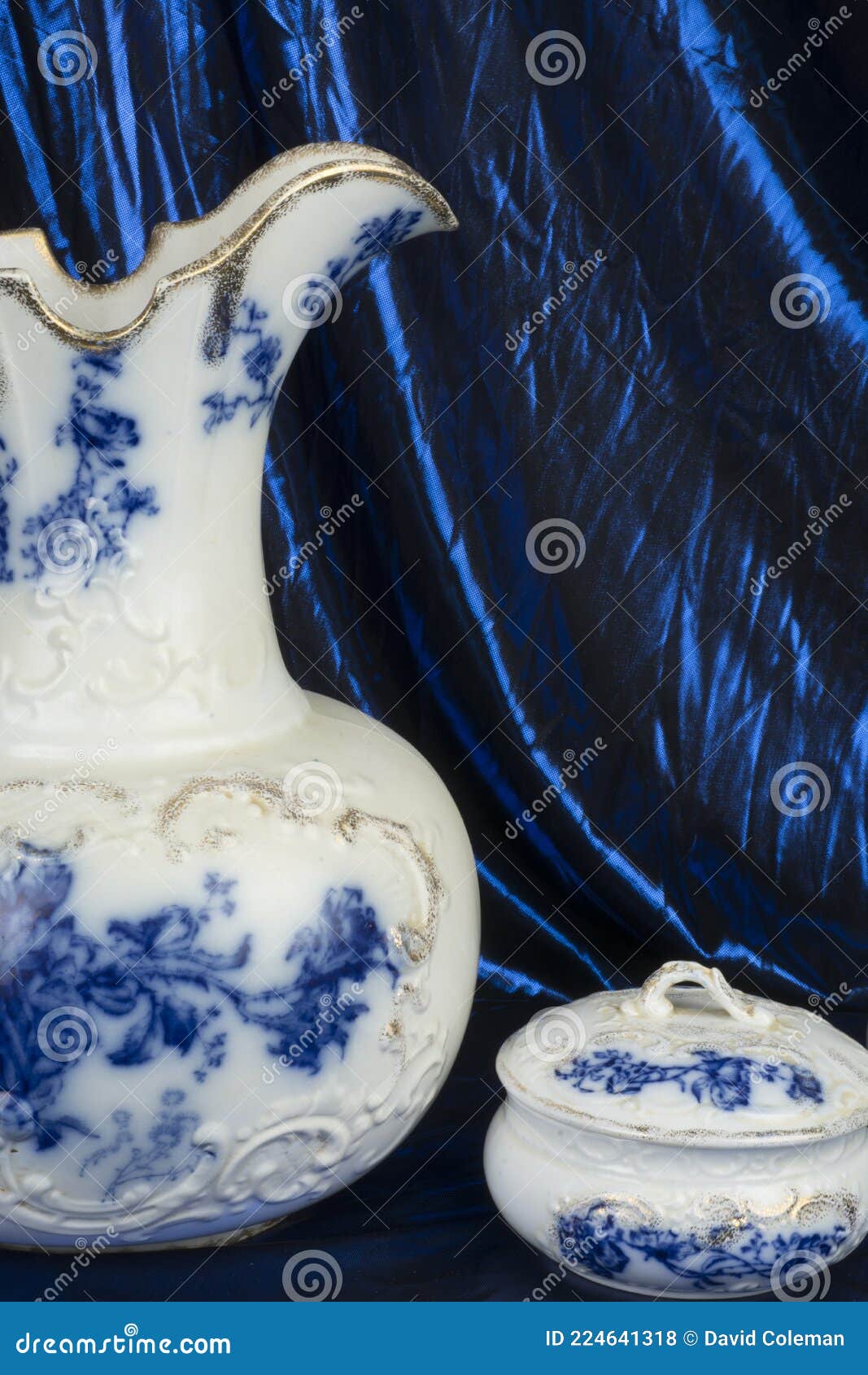 Flow Blue Pitcher and Accessories Stock Photo - Image of floe ...