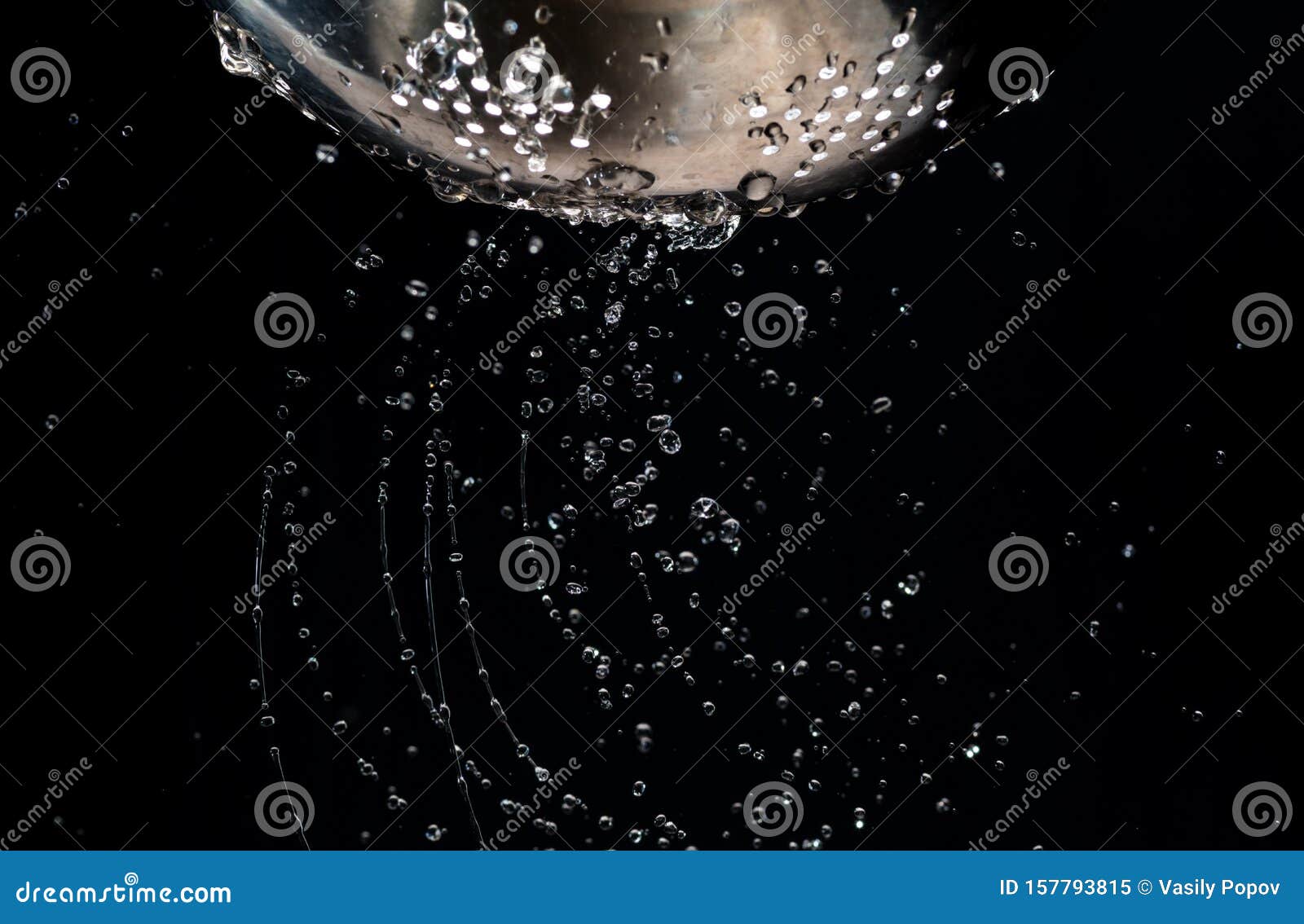 Flow and Drops of Water through Holes in a Colander on a Dark ...