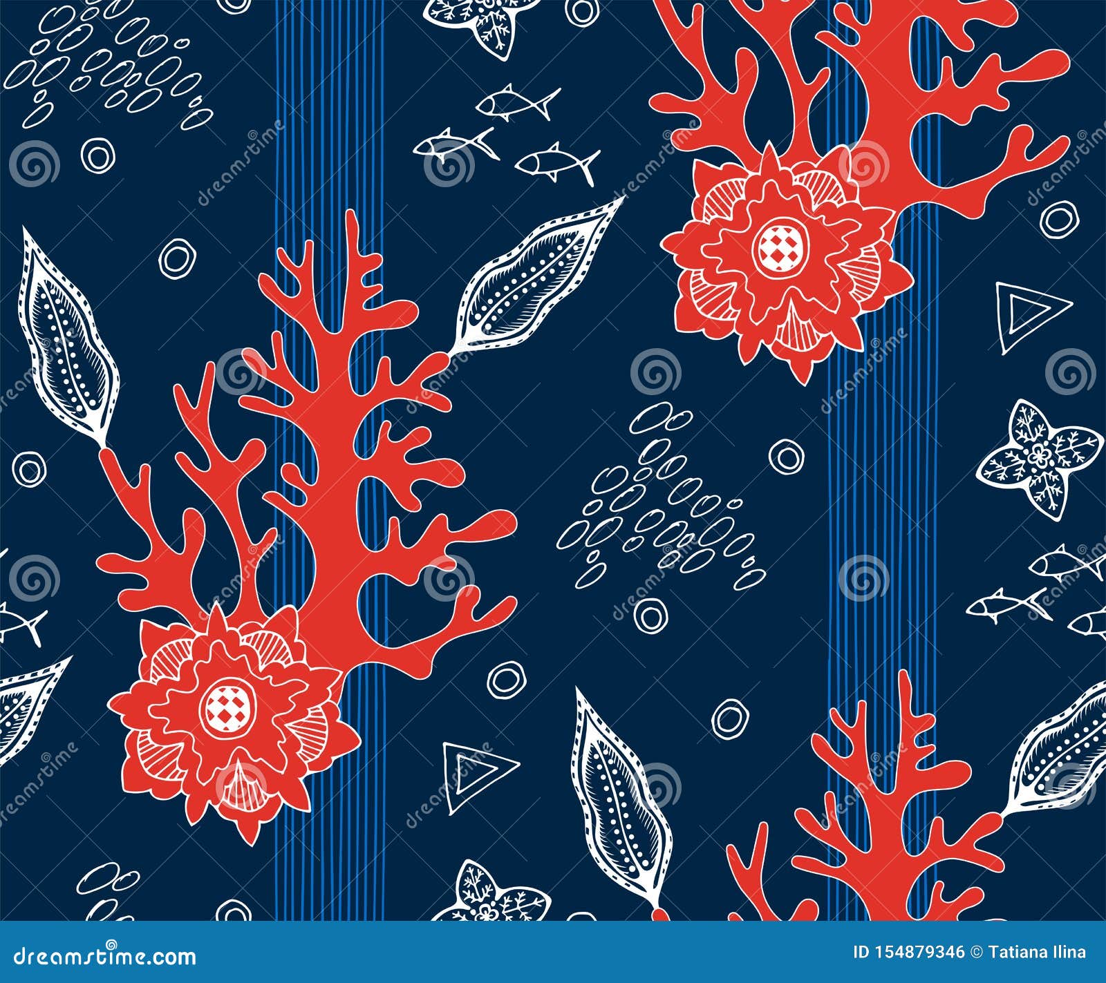 Hand Drawn Underwater Natural Ocean Elements. Seamless Pattern with ...