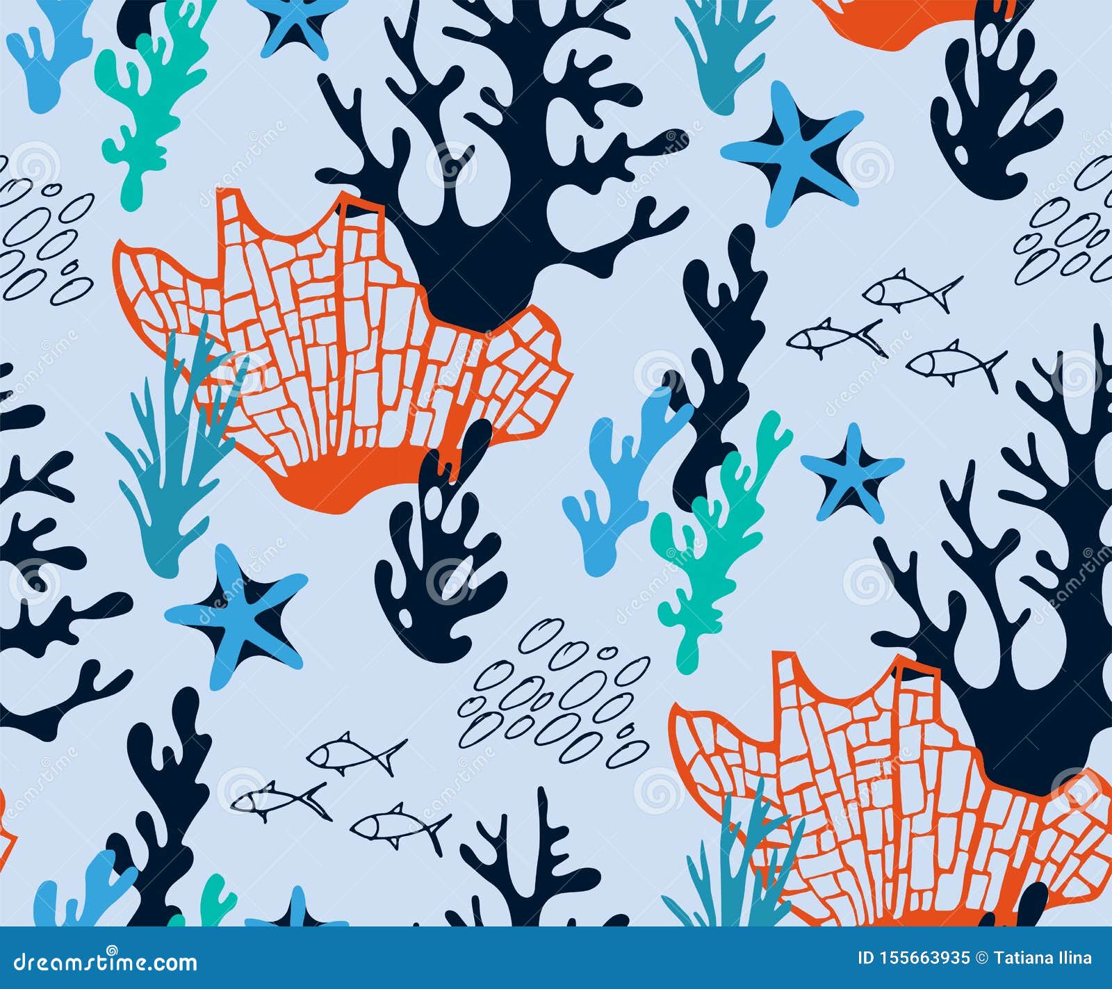 Hand Drawn Underwater Natural Ocean Elements. Seamless Pattern with ...