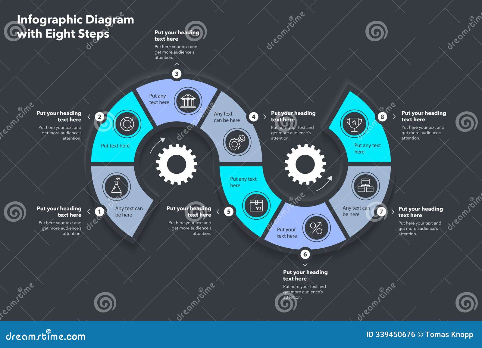 Flow Infographic Design Template with Eight Steps - Dark Version Stock ...