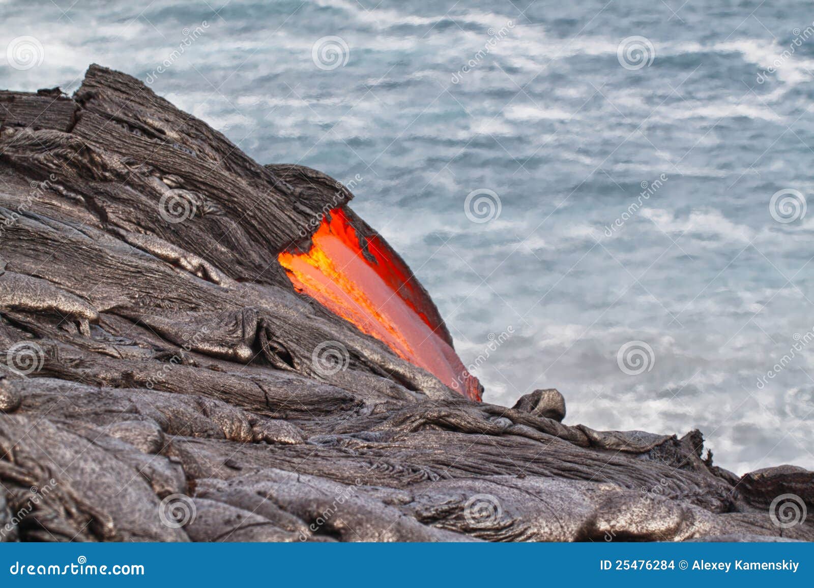 Flow of Red Hot Lava into Pacific Ocean Stock Photo - Image of ...