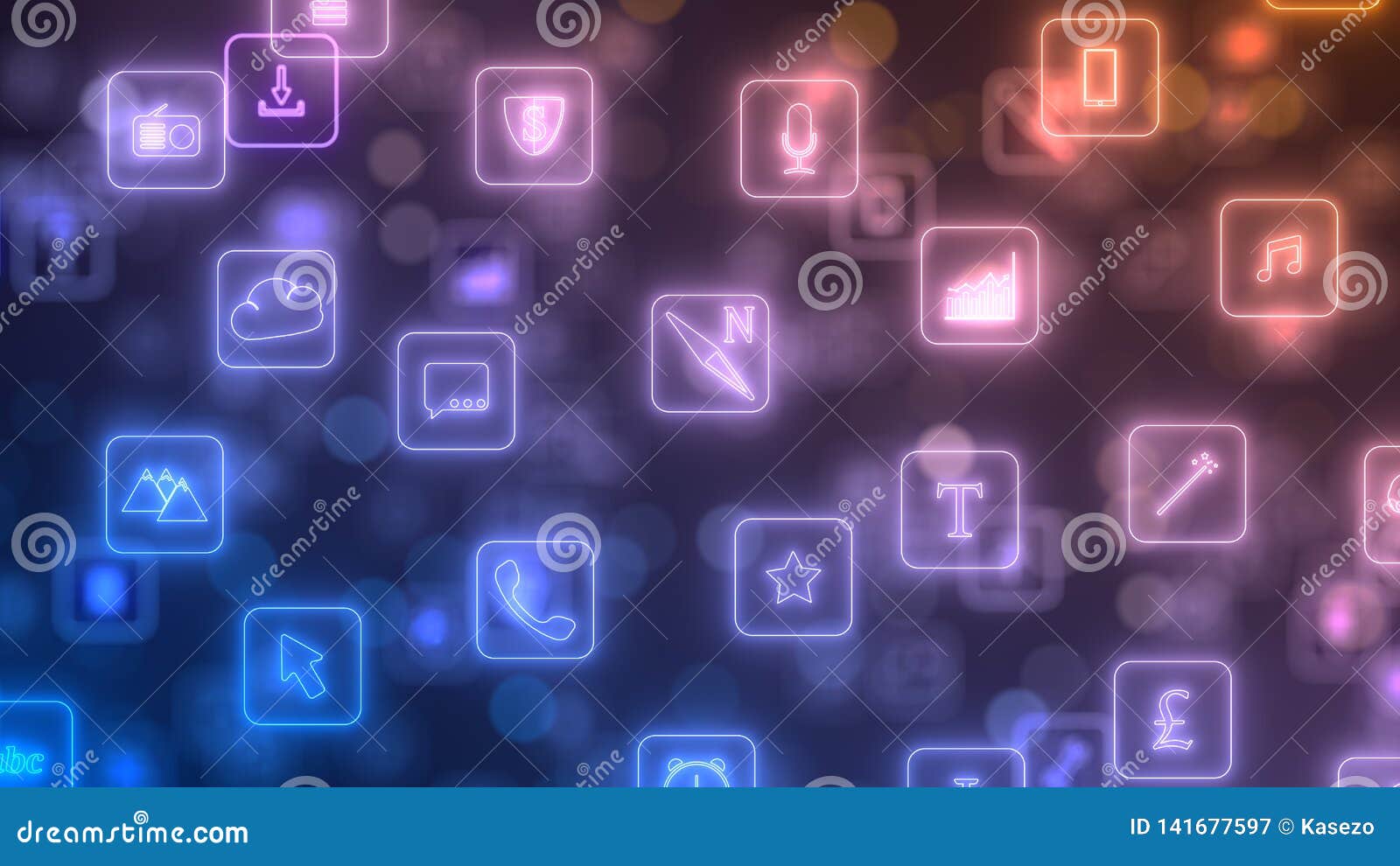 Flow of Smartphone App Icons. Neon Style Glowing Icons. 3d Illustration ...