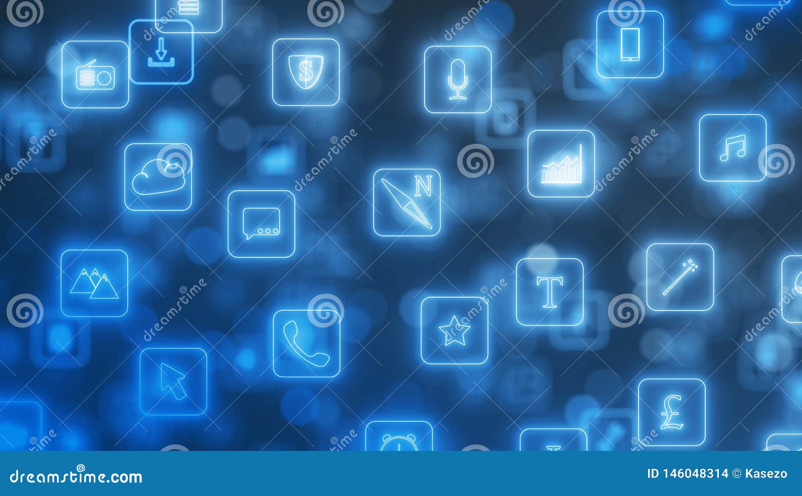 Flow of Smartphone App Icons. Neon Style Glowing Icons. 3d Illustration ...