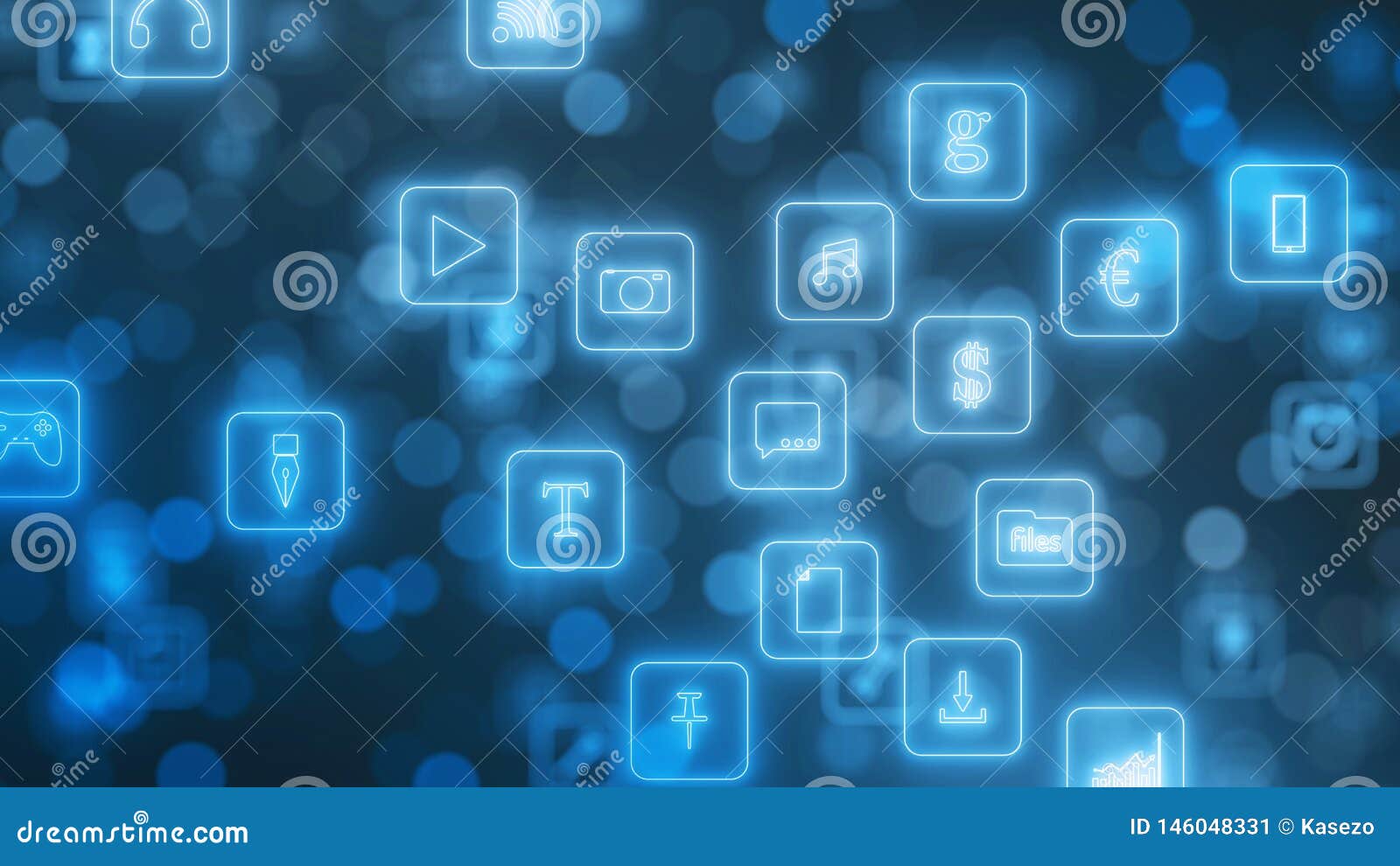 Flow of Smartphone App Icons. Neon Style Glowing Icons. 3d Illustration ...