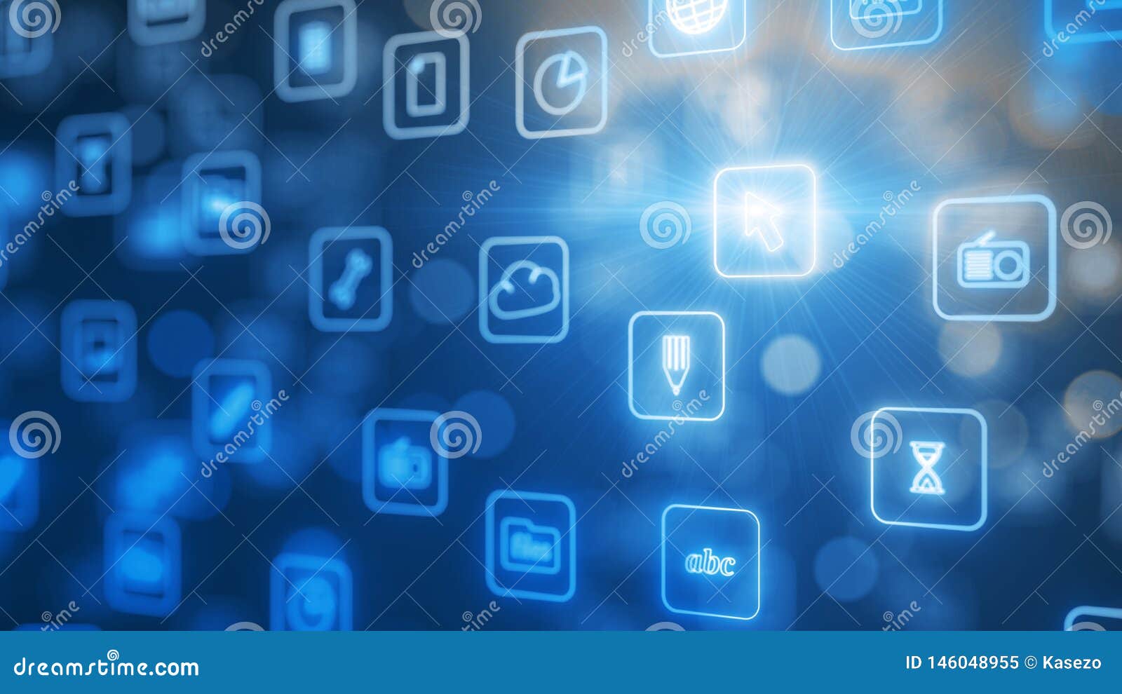 Flow of Smartphone App Icons. Neon Style Glowing Icons. 3d Illustration ...