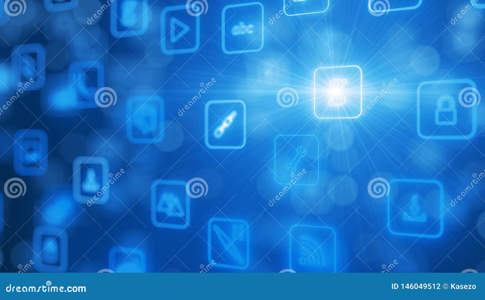 Flow of Smartphone App Icons. Neon Style Glowing Icons. 3d Illustration ...