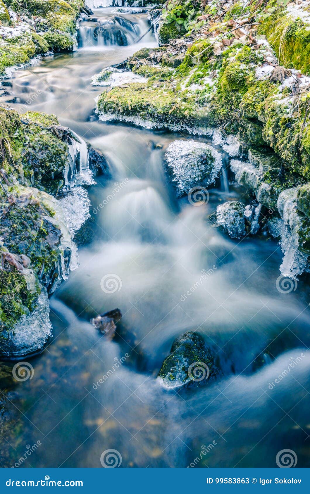 Flow of Water in the Spring of Icicles and Ice Stock Image - Image of ...